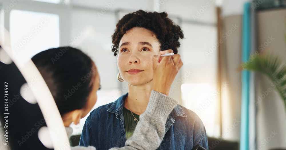 Artist, backstage and makeup for woman, photoshoot and preparing for ...