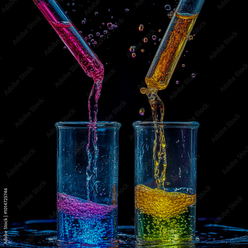 Two test tubes pouring colorful liquids into a beaker, with a dynamic ...