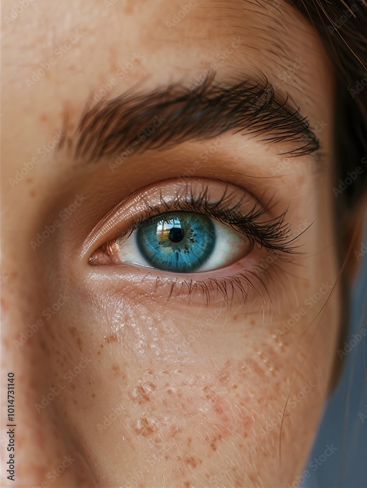 A close-up macro photograph of a blue eye. The eye is the central focus ...