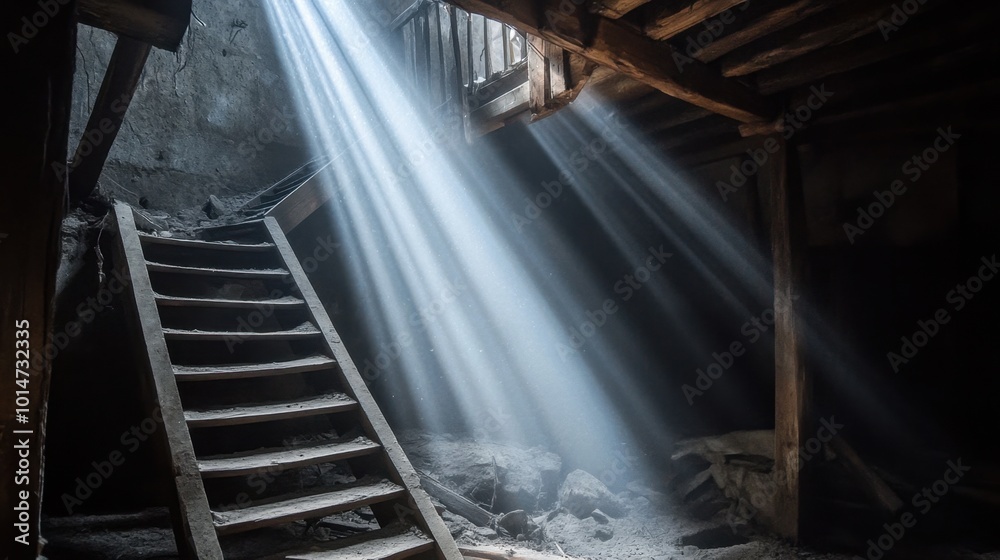 Old basement in a forgotten factory, wooden stairs descending into the ...