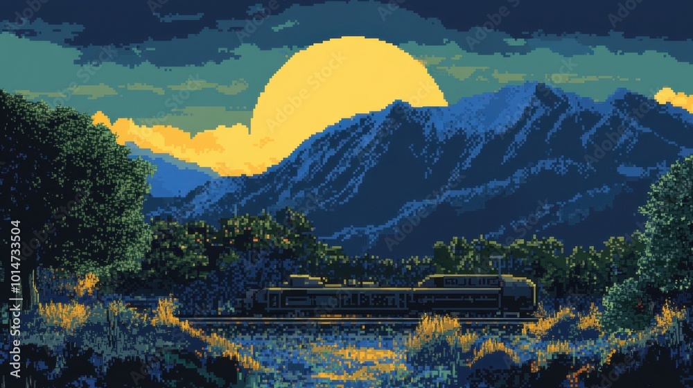Retro-futuristic pixel art with a robot wandering a sci-fi landscape ...