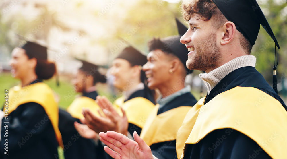 Outside, students and applause for college graduation on campus for ...
