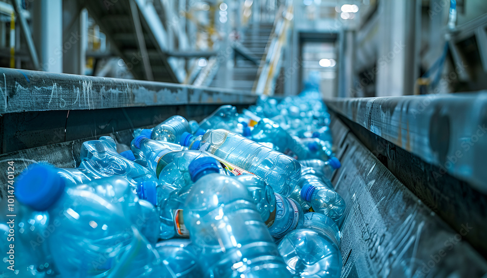 Conveyor belt filled with pet plastic bottles in a recycling facility ...
