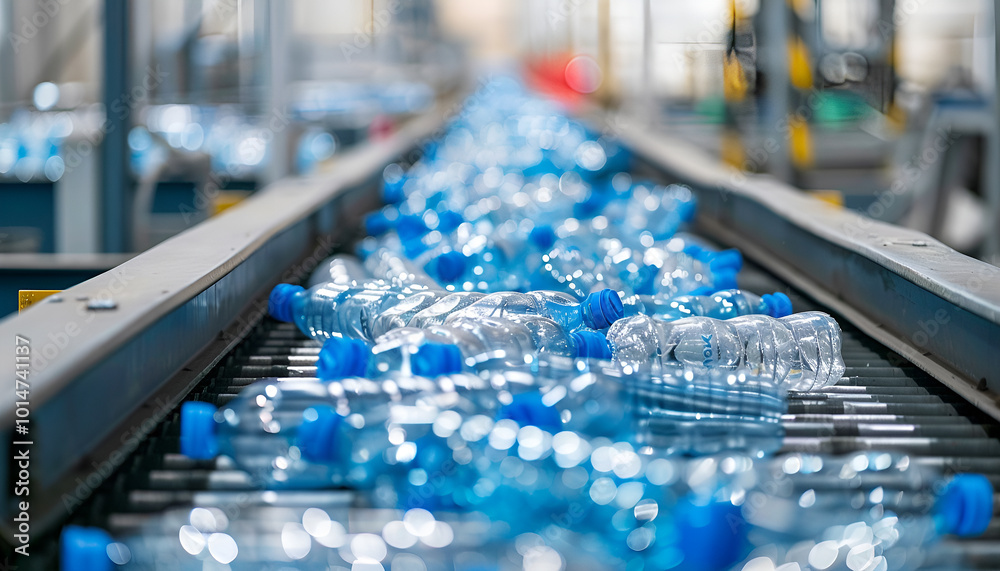 Conveyor belt filled with pet plastic bottles in a recycling facility ...
