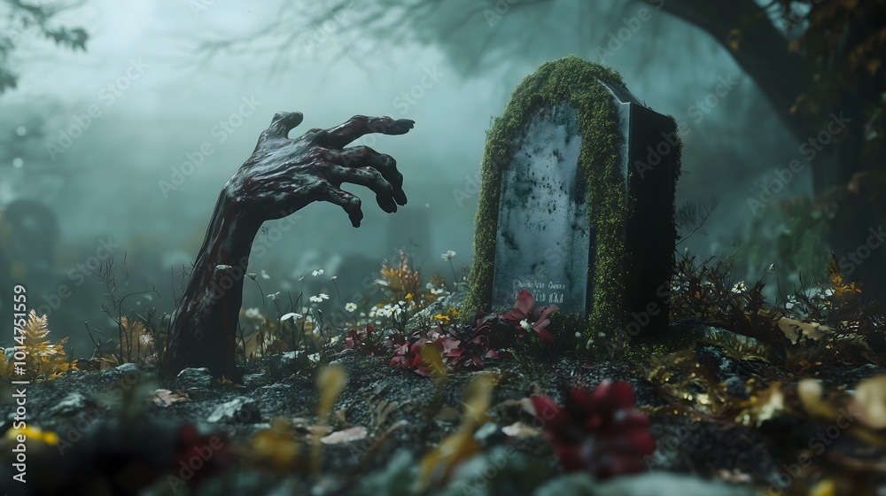 Graveyard tombstone with a zombie hand emerging from the earth, Zombie ...