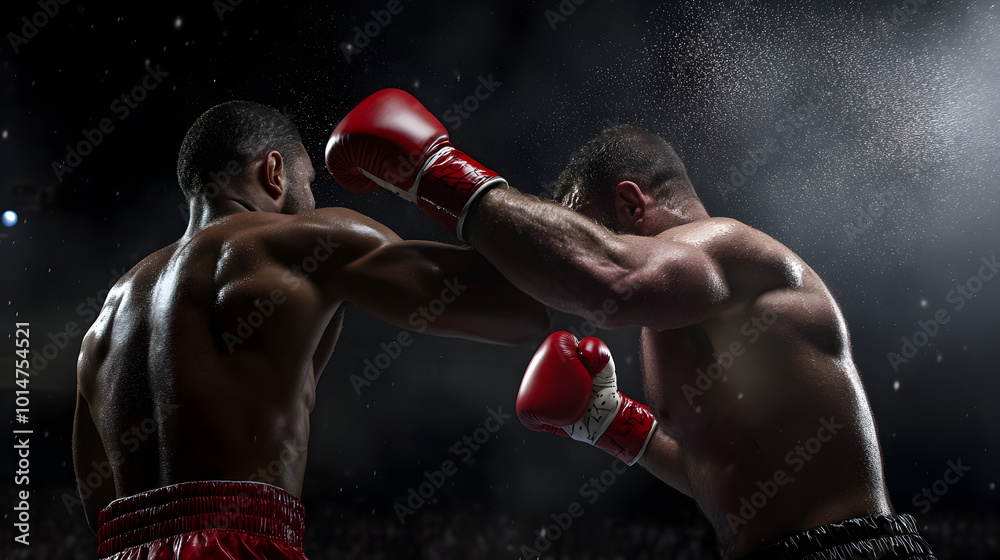 Two boxers locked in an epic exchange, the crowd on their feet ...