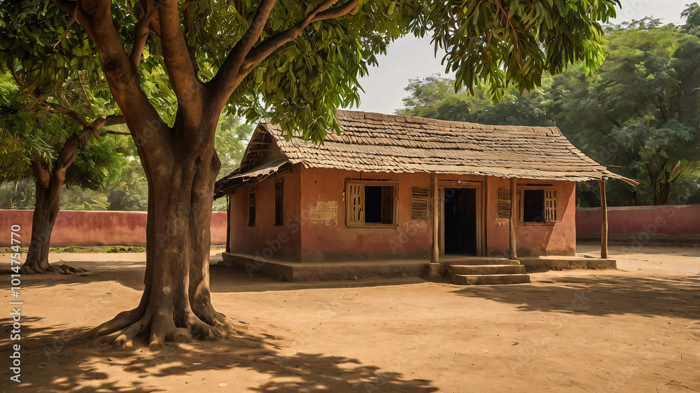 Small, rustic Indian village school with a clay-tiled roof, wooden ...