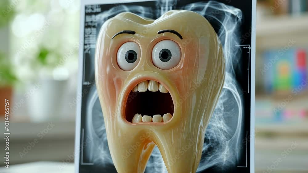Cartoon tooth with shocked expression in dental x-ray background Stock ...
