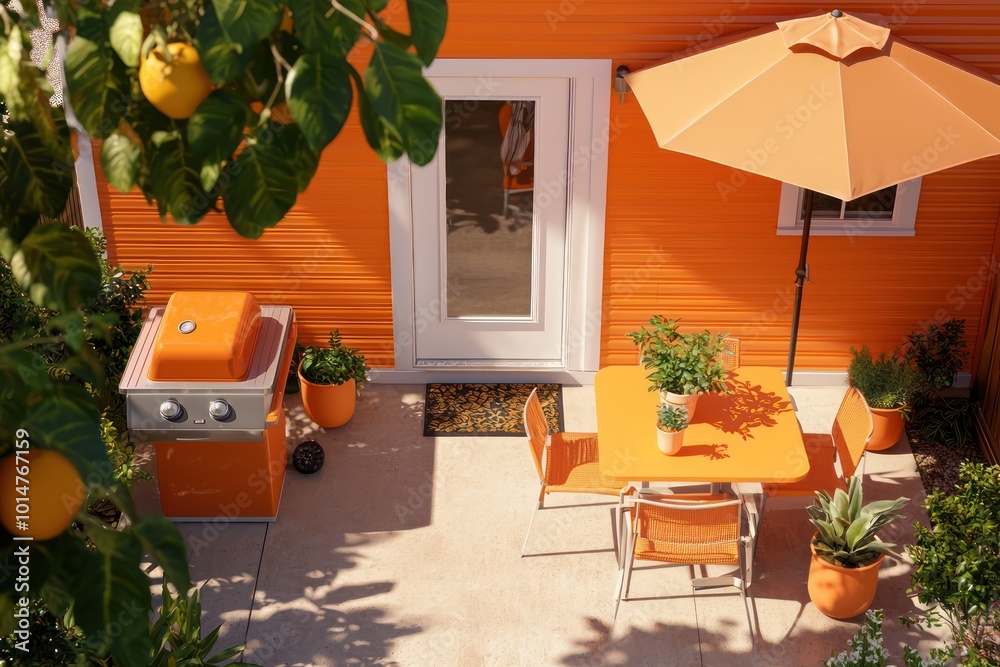Creamsicle house with orange vinyl siding, a refreshing patio with a ...