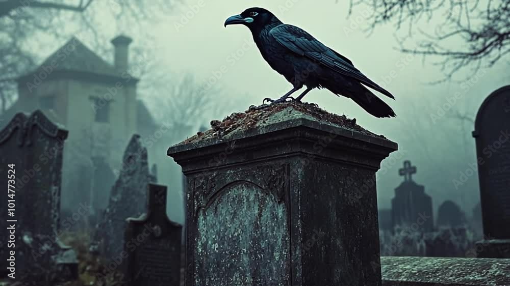 a crow, a crow standing on a tombstone, a grave with dark fog, Poe's ...