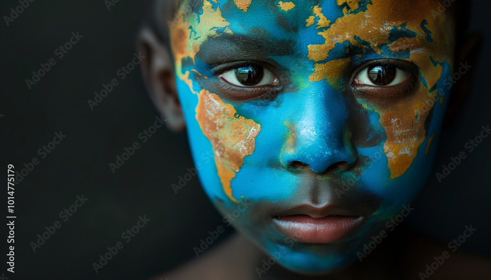 Striking portrait of a child with detailed world map face paint ...
