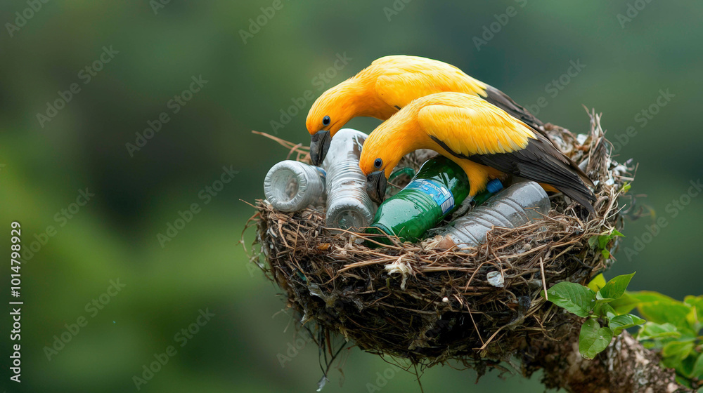 Two brightly colored birds build a nest using plastic bottles and twigs ...