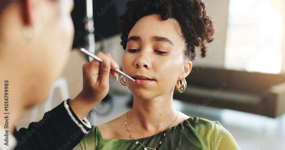 Brush, studio and makeup for woman, photoshoot and preparing for ...