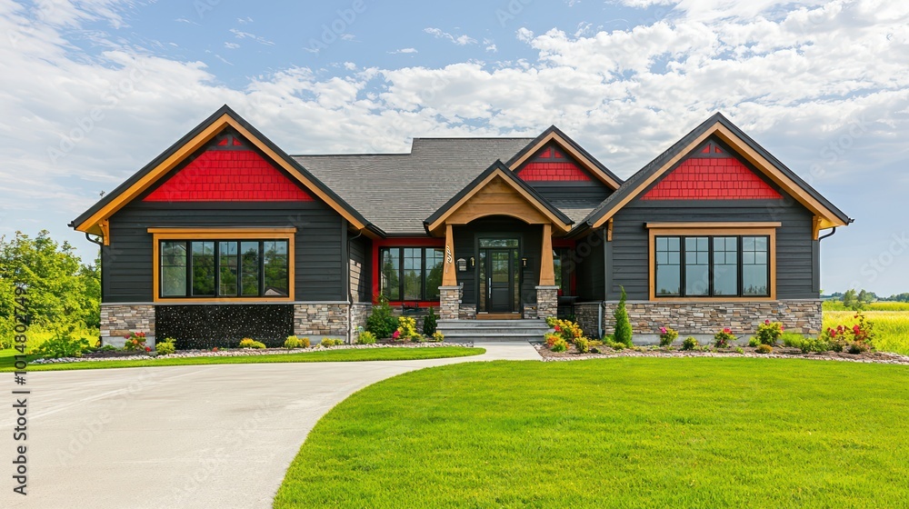 Exterior design of a home with scarlet accents, traditional style ...