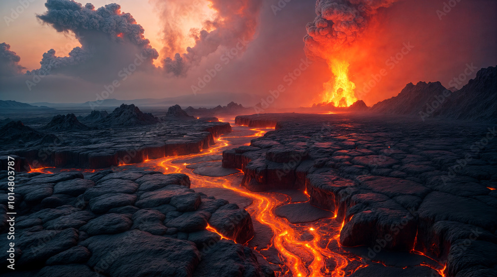 Dramatic Volcanic Eruption with Flowing Lava River and Explosive Ash ...