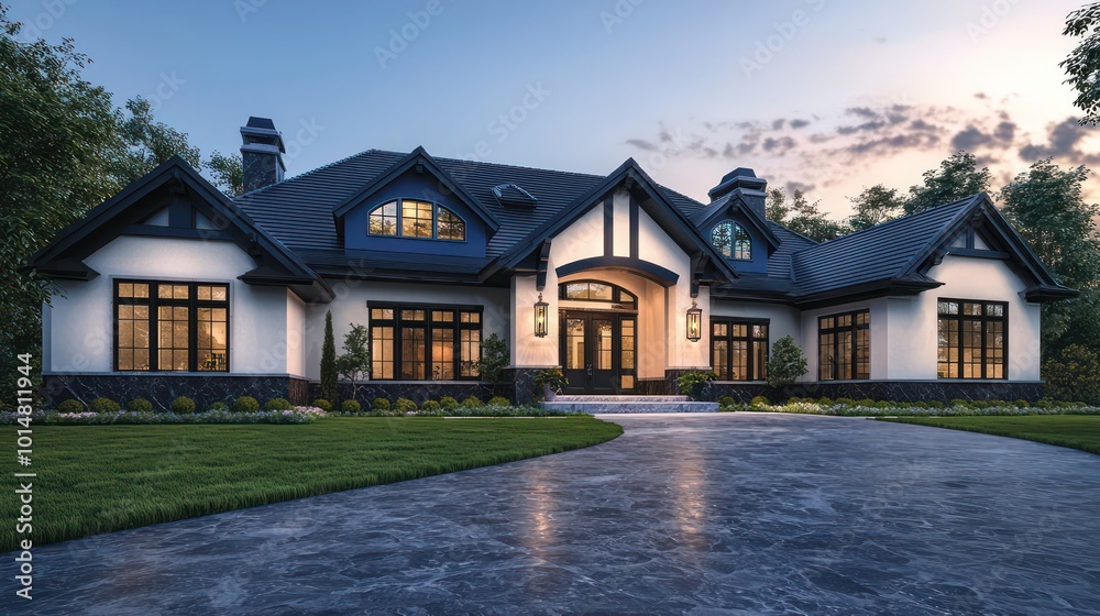 Exterior rendering of a home with periwinkle accents, traditional ...
