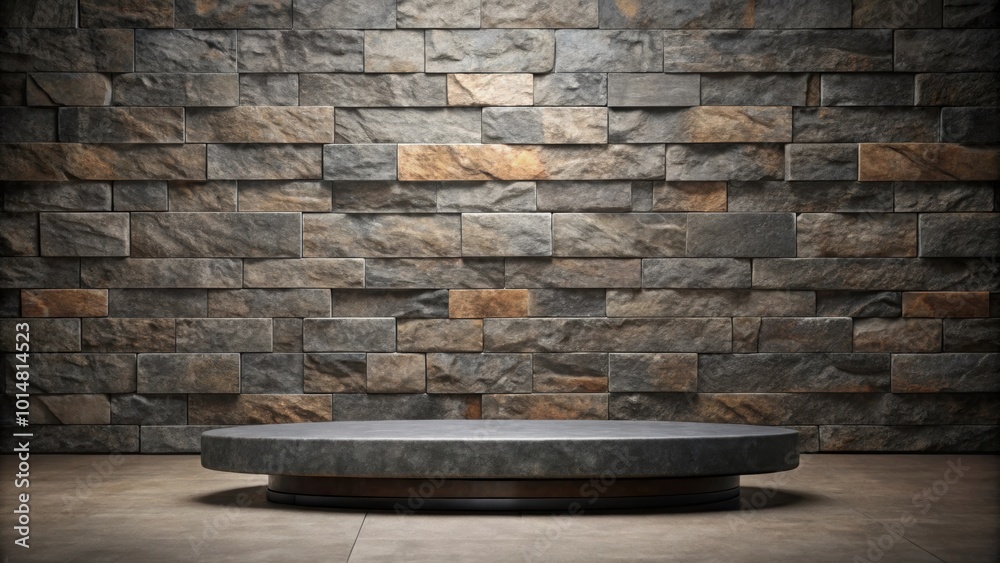 Stone wall and slab background with black granite podium for product ...
