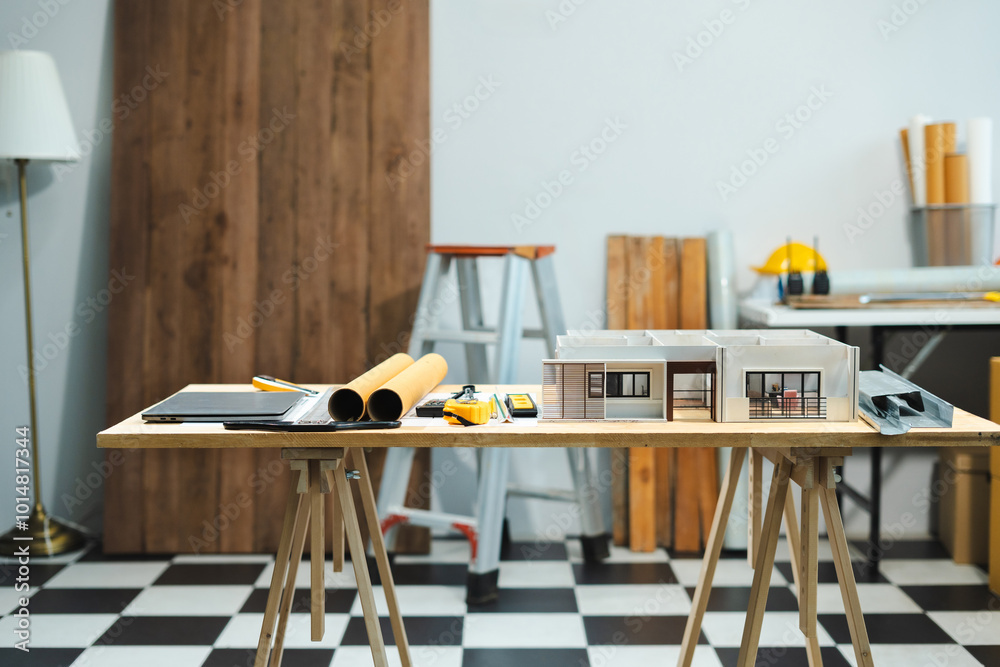 Construction house and building. workspace area. dof laptop computer ...
