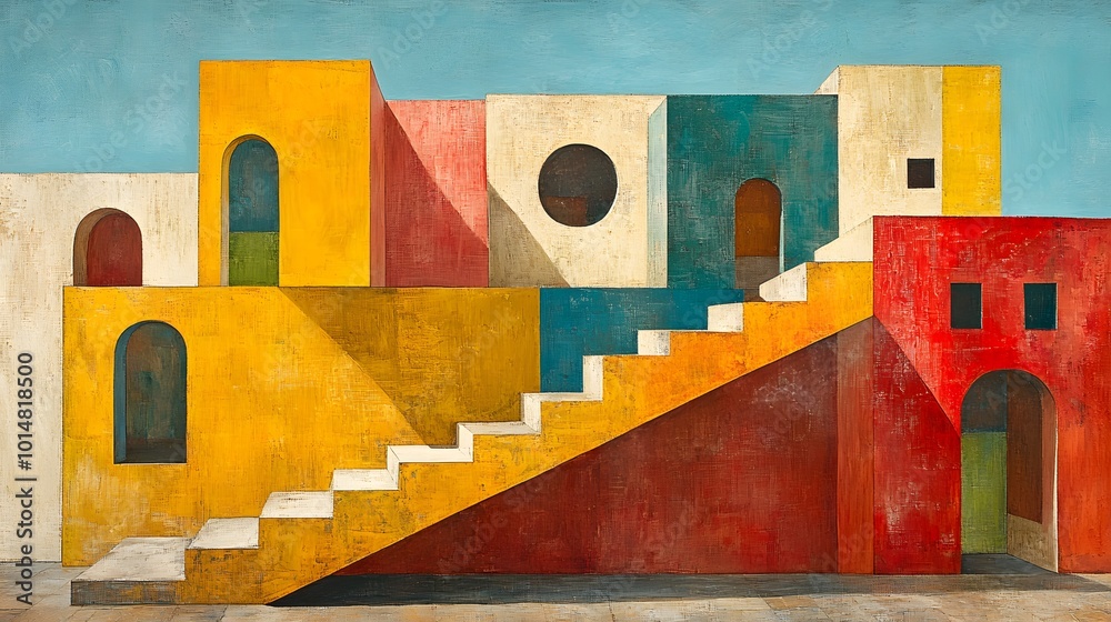 Mosque illustration in an abstract art style with bold, vibrant colors ...