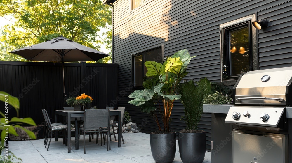 Graphite house with dark gray vinyl siding, a chic patio with a ...