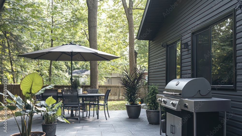 Graphite house with dark gray vinyl siding, a chic patio with a ...