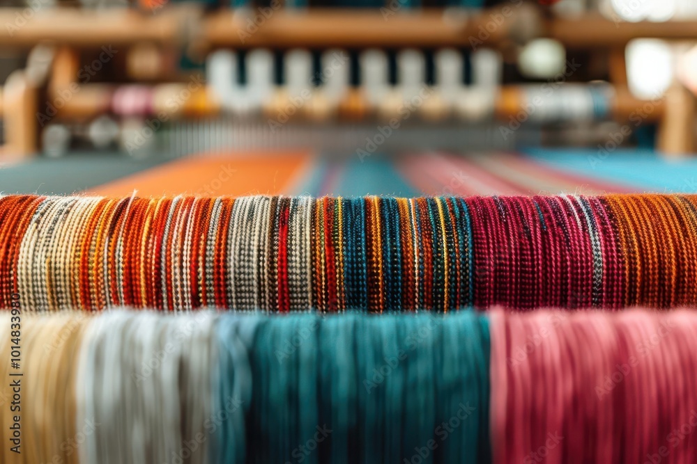 Intricate weaving machine producing vibrant textiles in a factory ...
