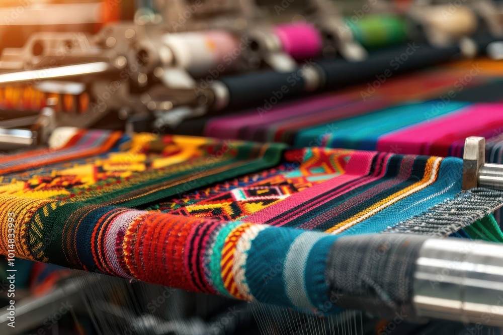 Intricate weaving machine producing vibrant textiles in a factory ...