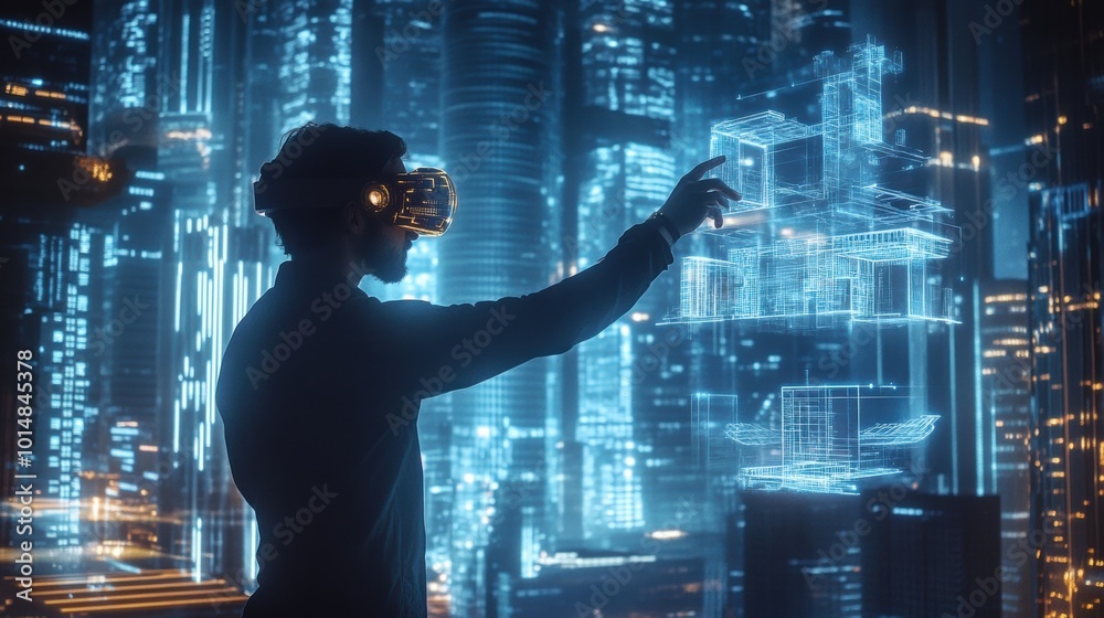 An augmented reality architect designs futuristic buildings in a high ...