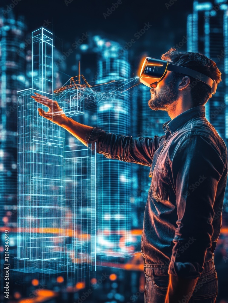 Augmented reality architect creates virtual buildings in a futuristic ...