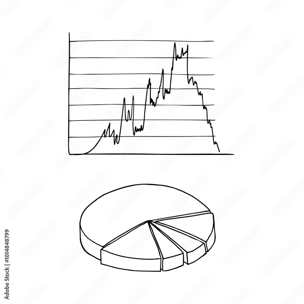 Business analytical trend line graph. Volumetric ring pie chart divided ...