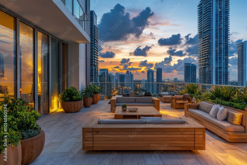 High-end outdoor terrace in Miami with sleek wood furniture and ...