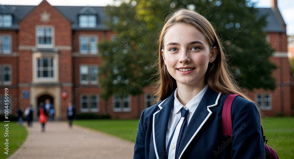 British girl university college student portrait on school campus ...