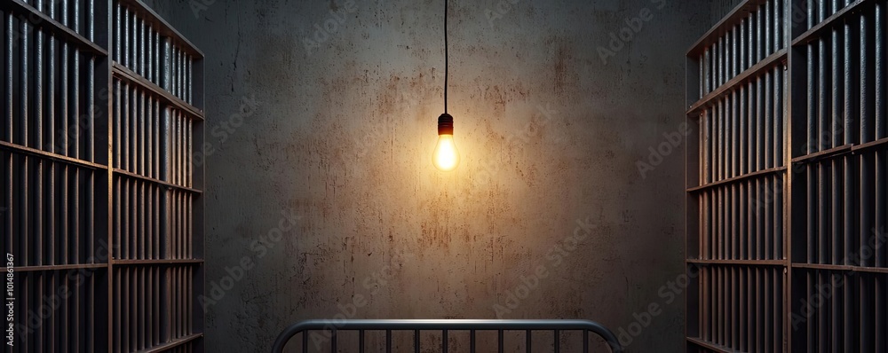 A dimly lit jail cell with iron bars, a metal bed, and a single ...