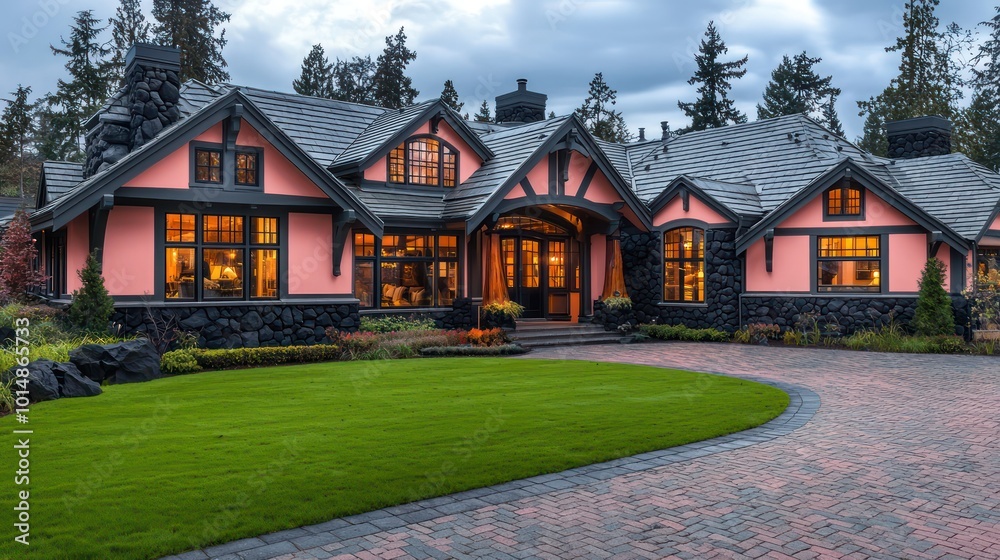 Home exterior design in coral pink accents, with traditional style ...