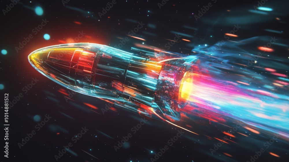 A vibrant, futuristic rocket speeds through the depths of space ...