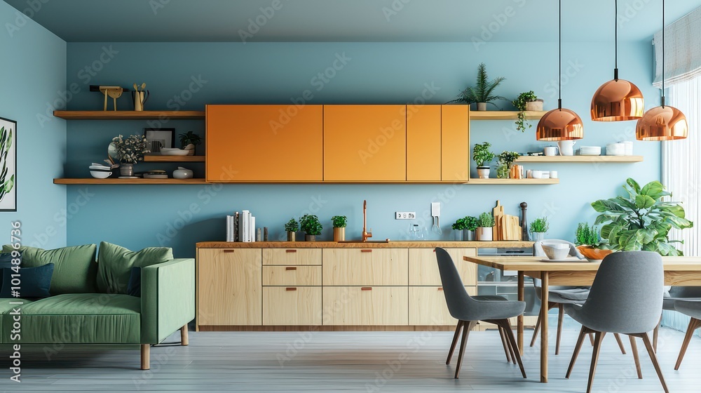 Minimalist dwelling with ochre kitchen cabinets, wooden shelves, powder ...