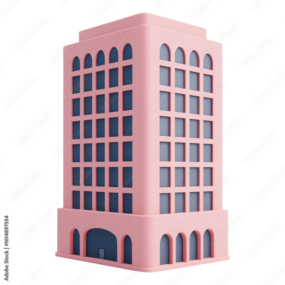 ภาพประกอบสต็อก 3D pink high-rise building featuring arched windows and ...