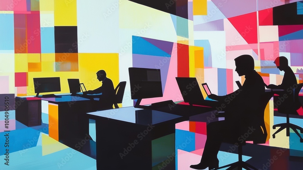 Abstract art depicting an office environment, using geometric shapes to ...