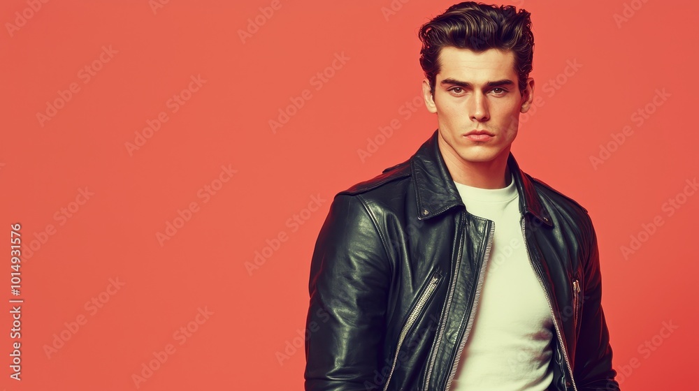 Classic 50s leather jacket and cuffed jeans paired with slicked-back ...