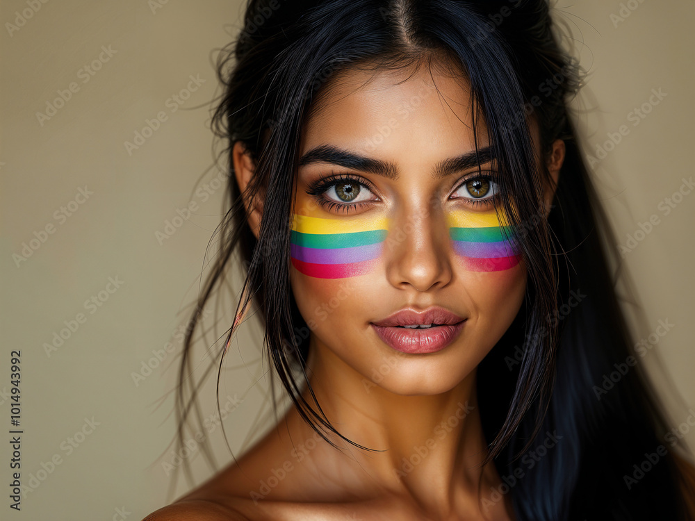 Beautiful woman with bold rainbow face paint, celebrating LGBTQ pride ...