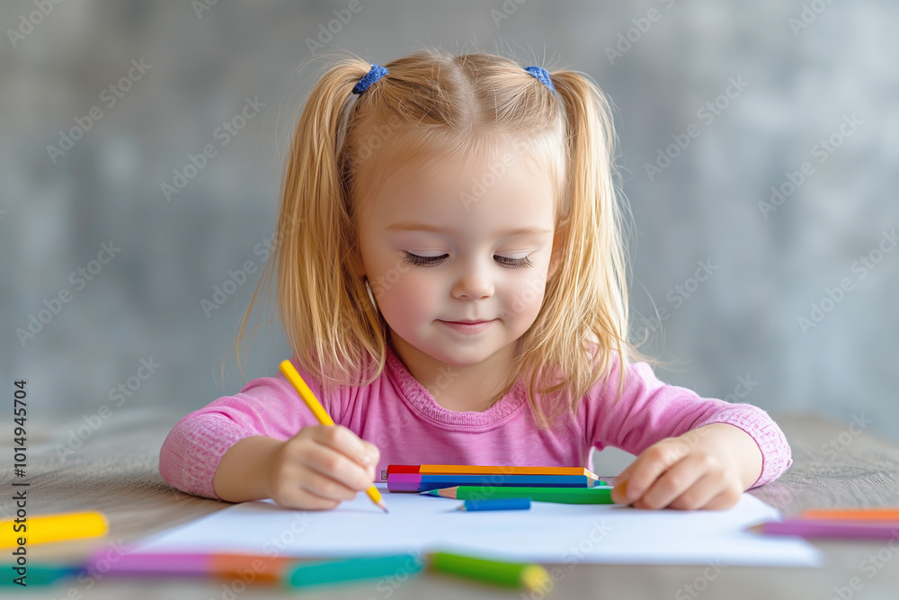 Young child coloring with bright markers on a table in a creative ...
