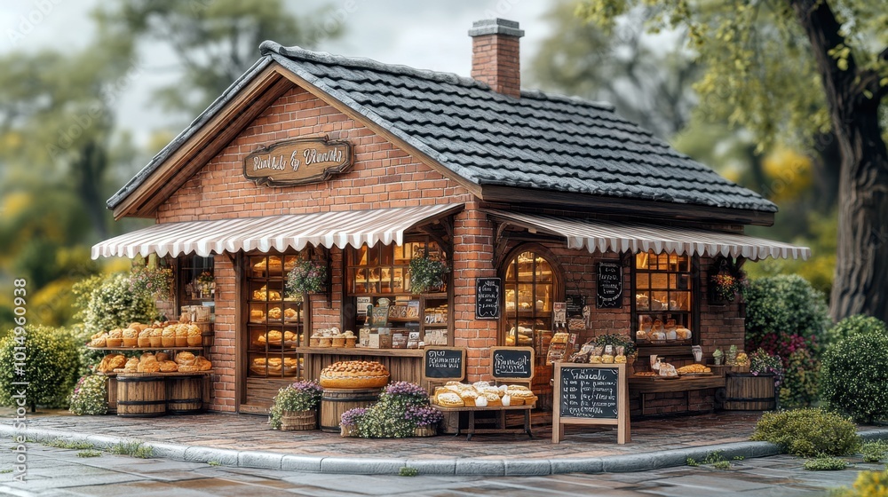 3D model of a quaint brick bakery building, positioned at a high angle ...
