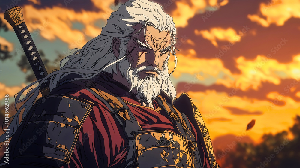 An old warrior who has endured a lot, wearing a golden samurai armor ...