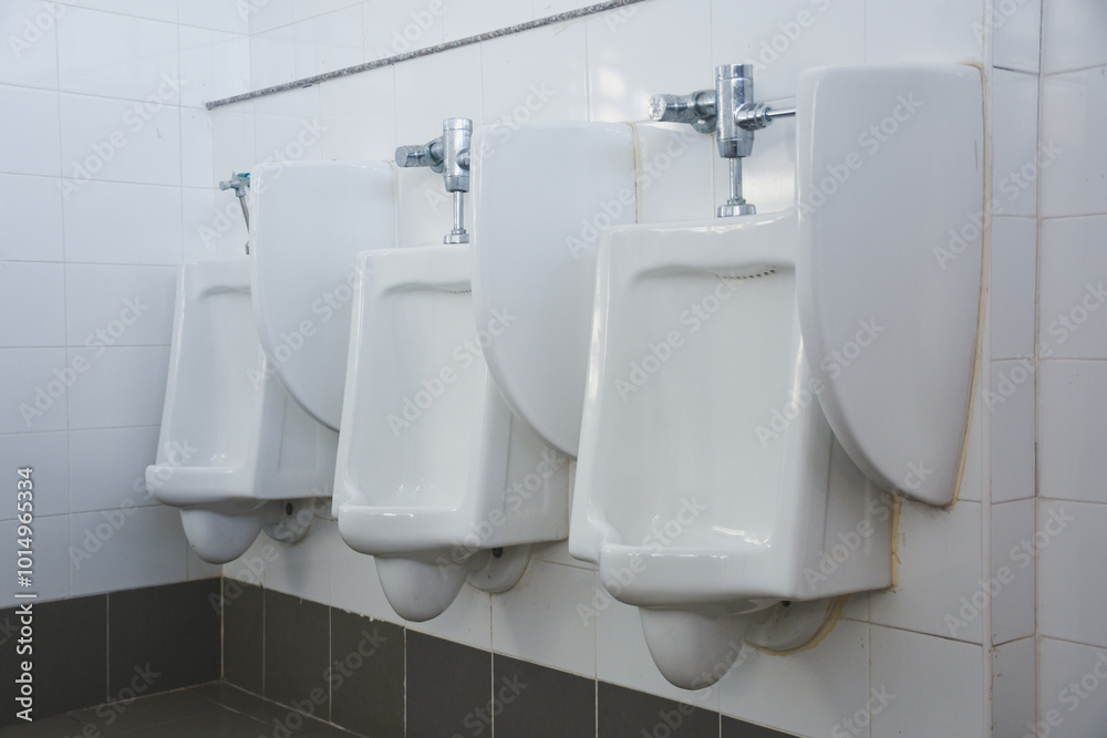 Floor standing urinal, male public toilet, close-up white urinal in men ...