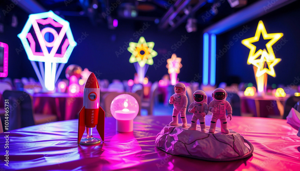 A vibrant space-themed party setup featuring glowing star lights and a ...