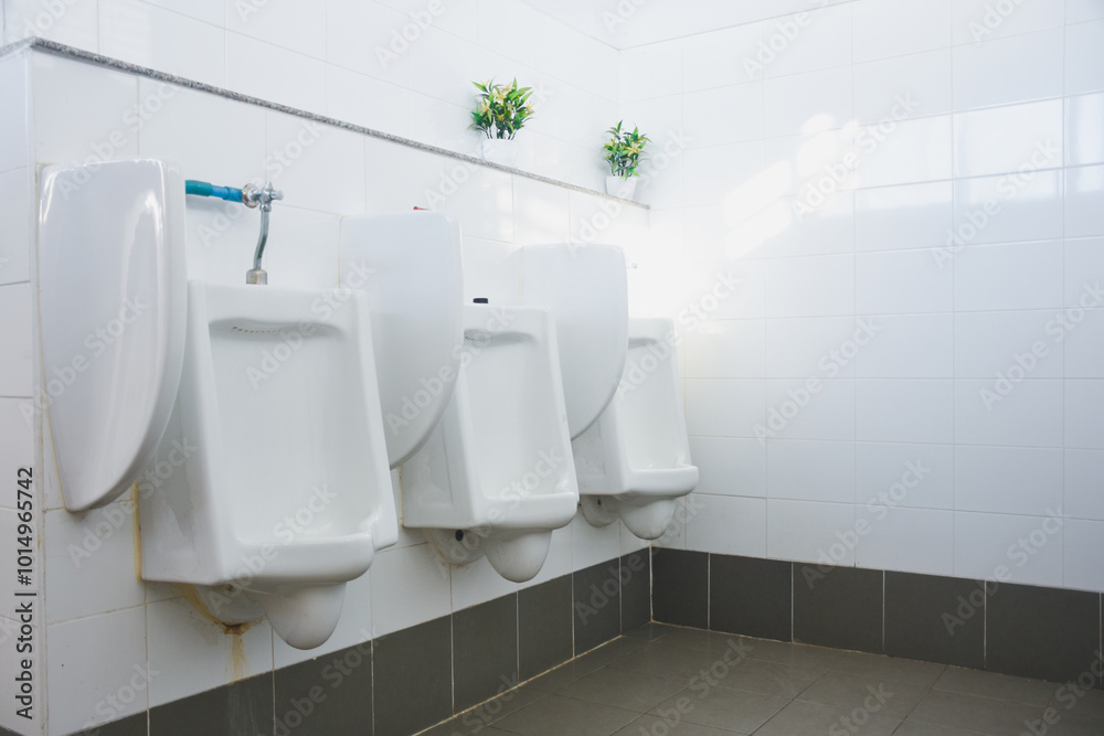 Floor standing urinal, male public toilet, close-up white urinal in men ...