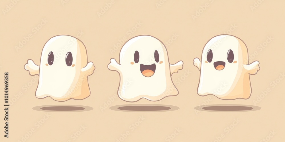 Three cute ghosts, one with its hands up, one with its arms out and one ...