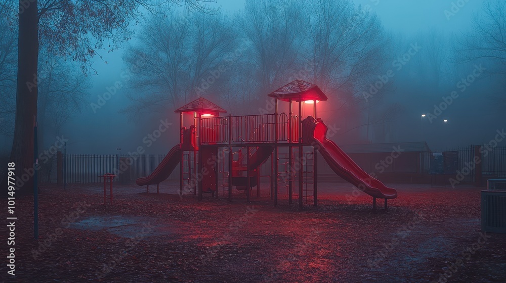 A foggy playground scene illuminated by red lights, creating a ...