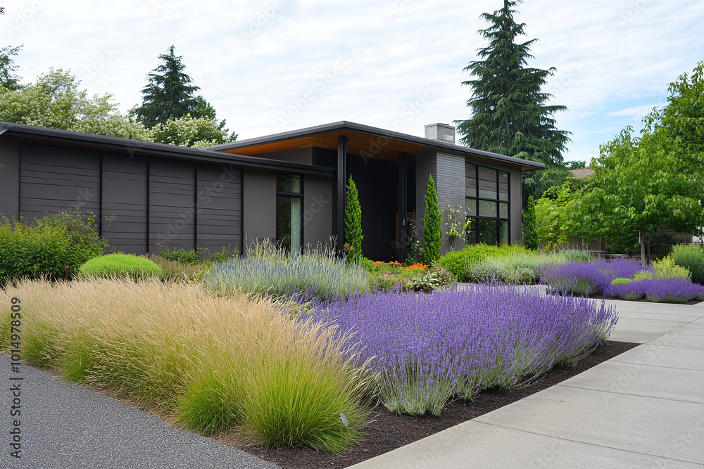 Mid-century modern style home with purple and green ornamental grasses ...