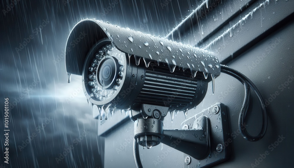Security camera mounted on a wall, getting wet in heavy rain..Concept ...